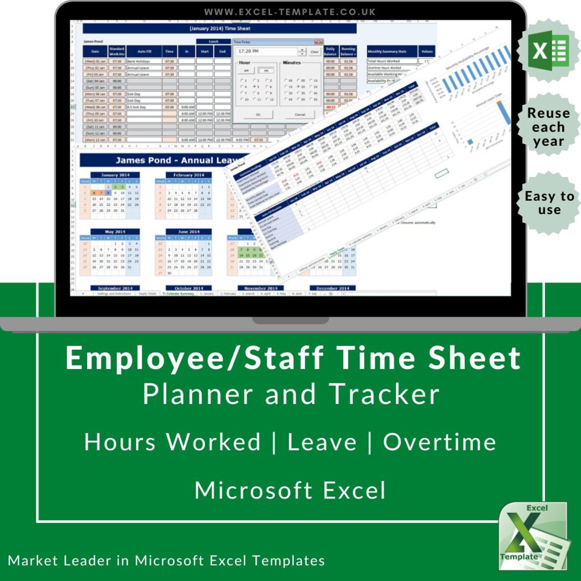 Employee, Staff Time Sheet and Calendar Reusable, Microsoft Excel ...