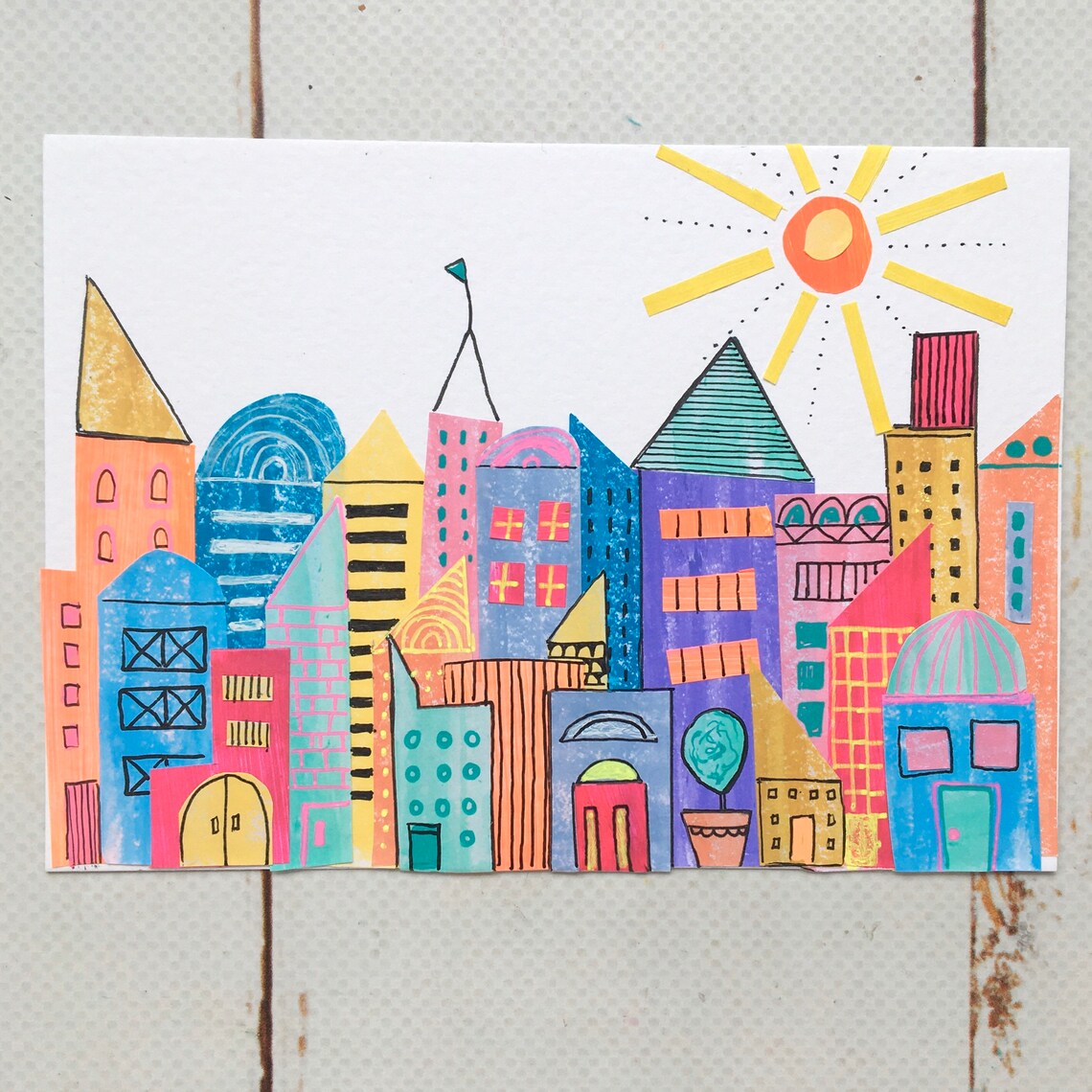 Colourful Cityscape Collage Paper Art/ Postcard Size Original | Etsy