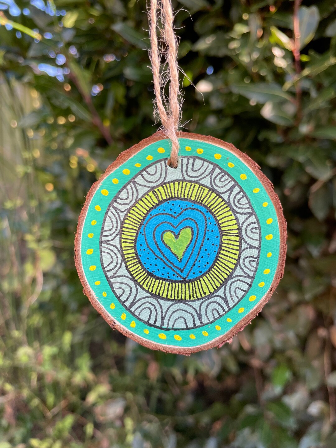 Blue Green Wooden Mandala Decorated Wood Slice Boho Hanging Decoration ...