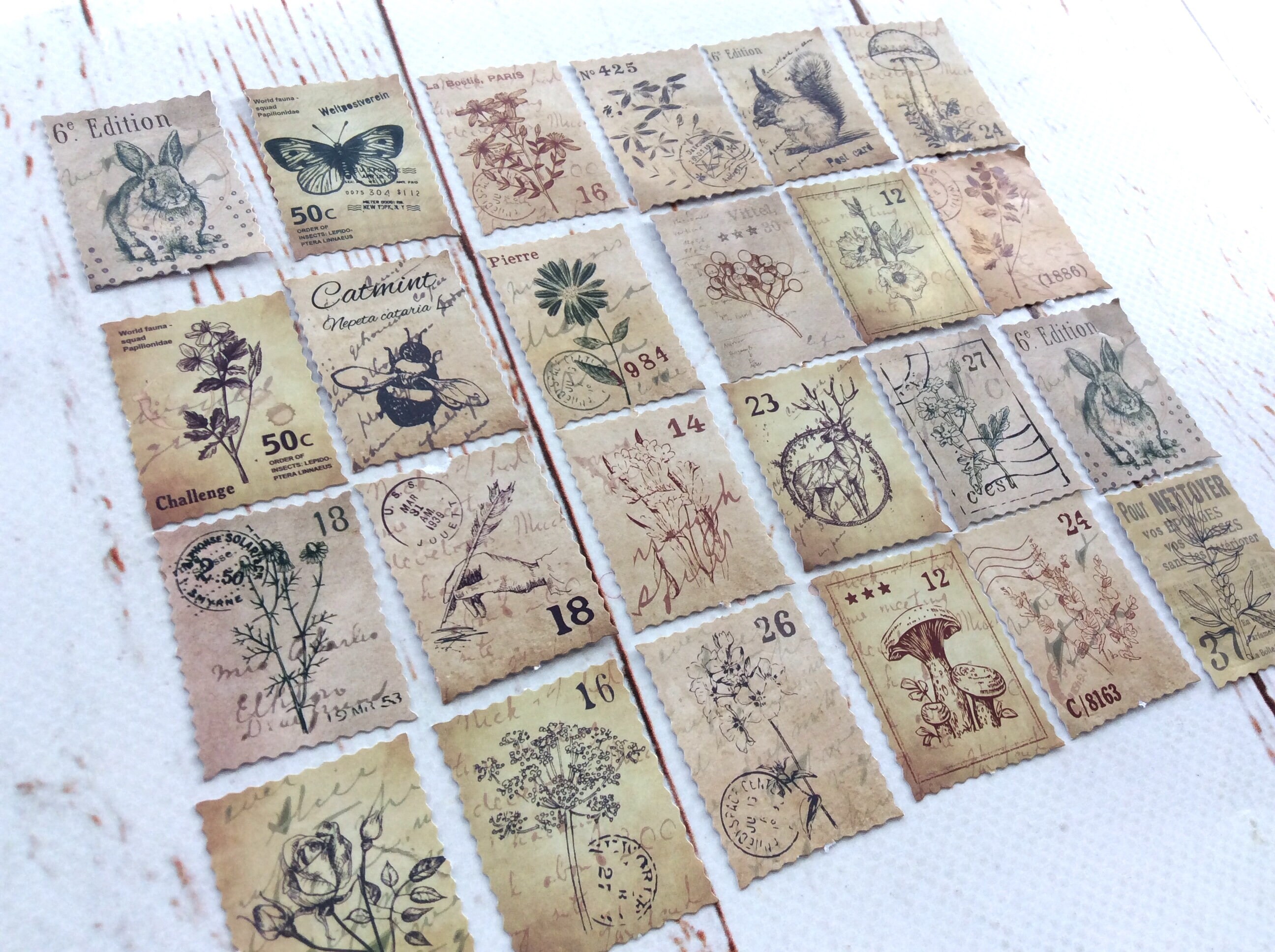 Botanical Stamp Stickers/ Wild Flowers Scrapbooking Stamps/ Vintage ...