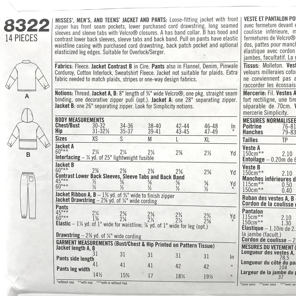 Simplicity 8322 Unisex Jacket and Pants Size XS M Uncut Sewing | Etsy