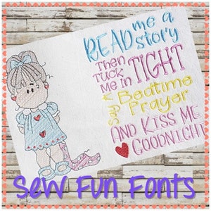 Read Me A Story Little Girl Embroidery Saying, Reading Pillow Saying ...