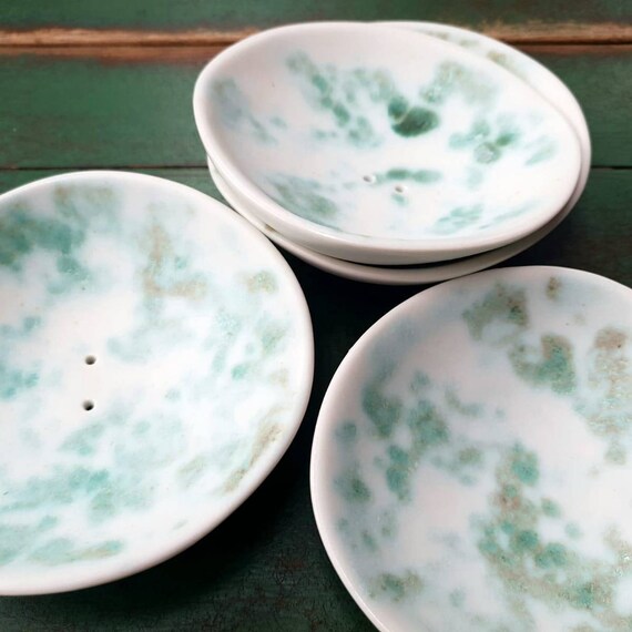 Handmade circular / round ceramic soap dish white blue green | Etsy