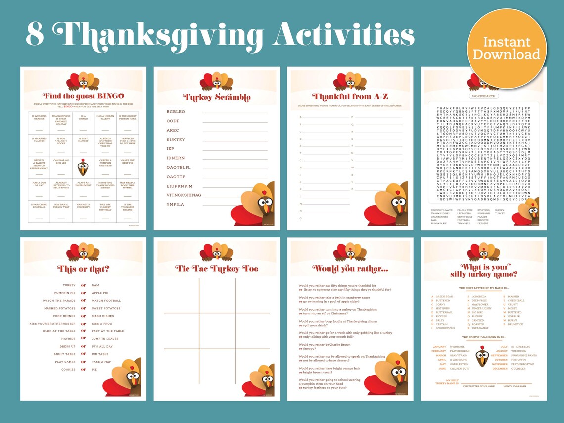 Thanksgiving Printable Games Bundle / Kids Activities / Printable ...