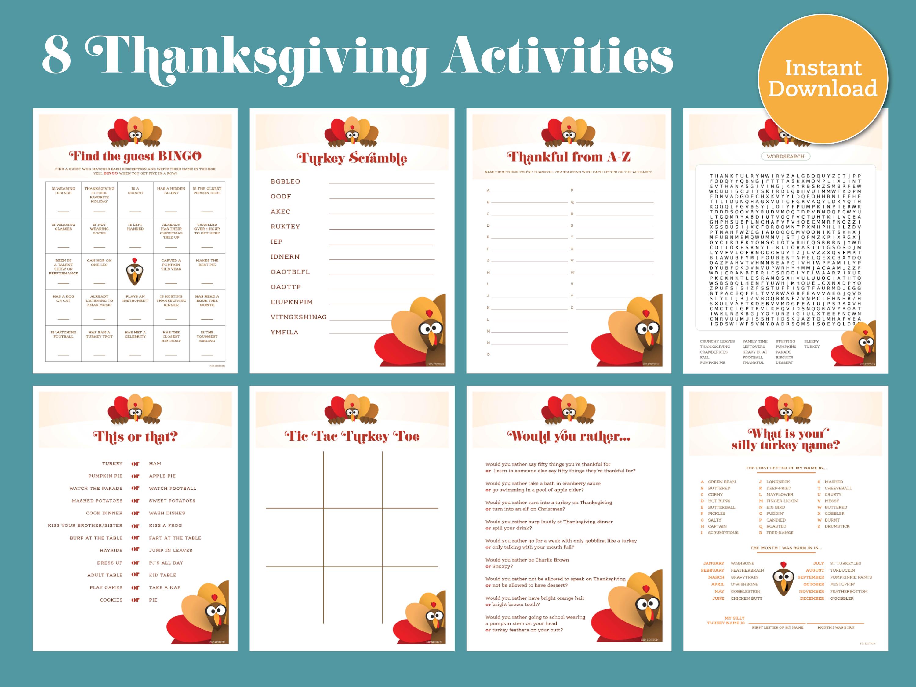 Thanksgiving Printable Games Bundle / Kids Activities / Printable ...
