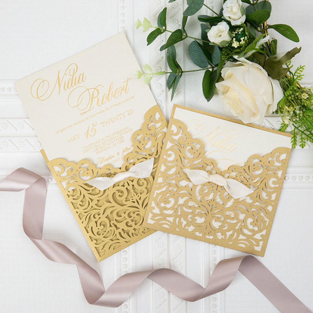 Gold Pocket Wedding Invitation With Gold Foiling Detailing and Ivory ...