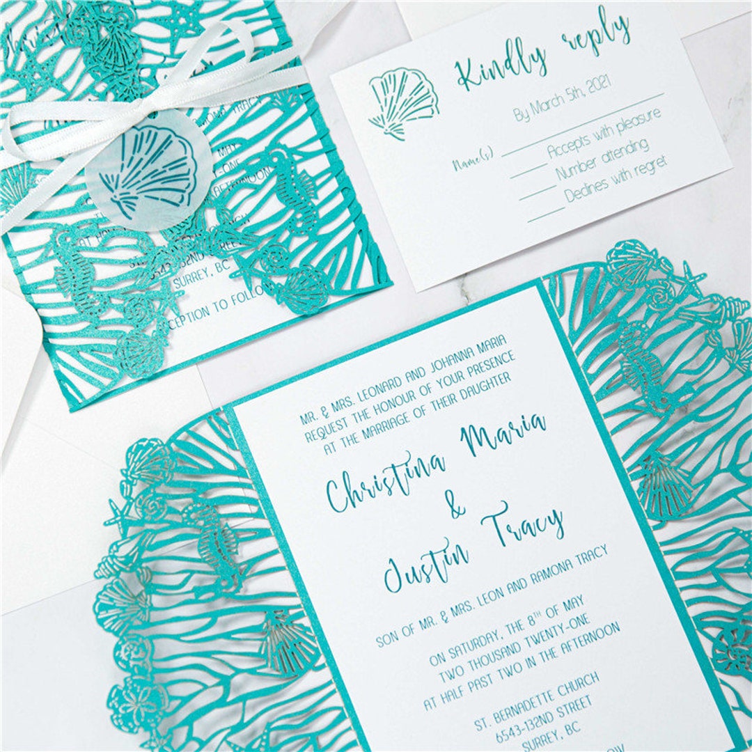 Beach Shell Laser Cut Wedding Invitation, Teal Shimmer - Etsy