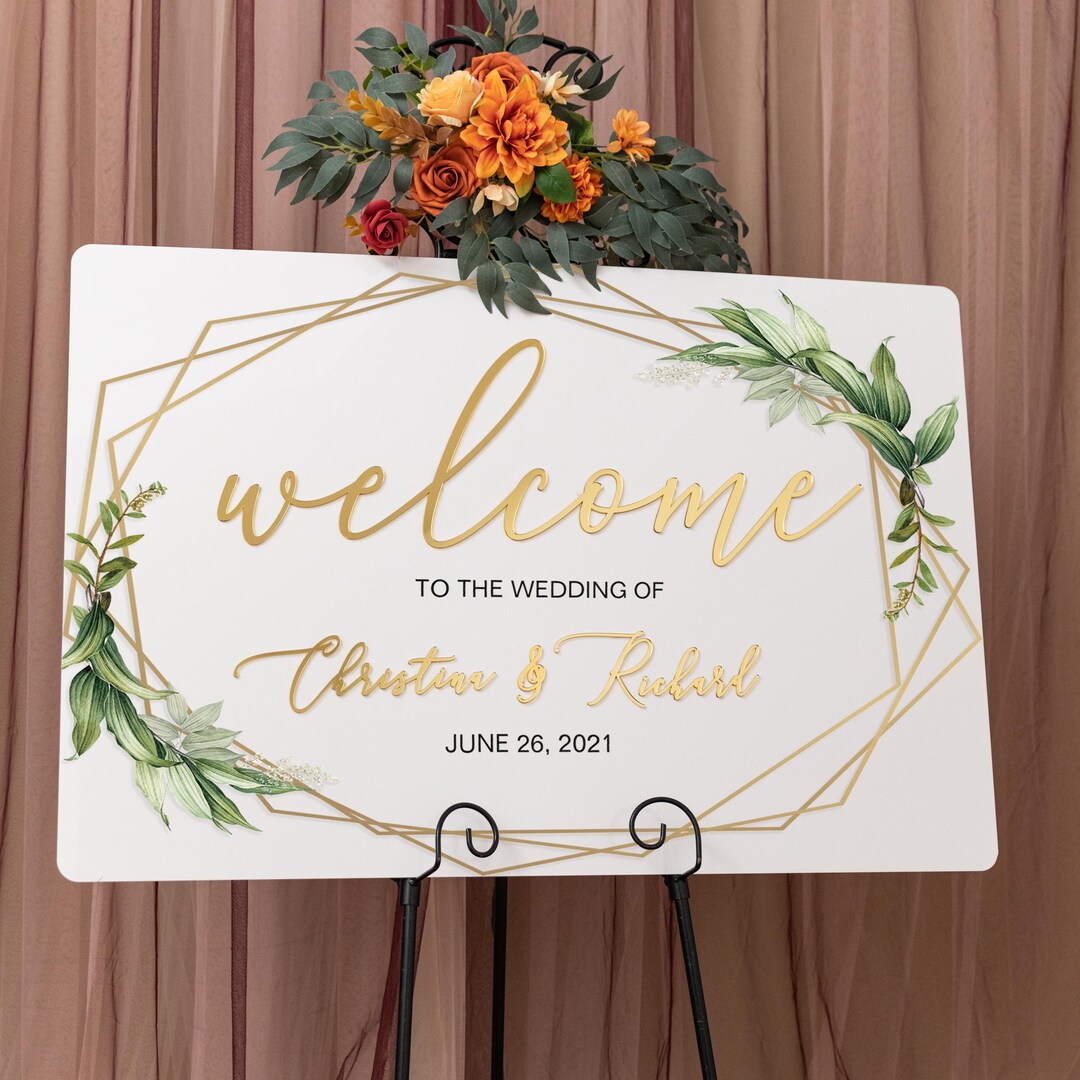 Geometric Foliage Wedding Welcome Sign, Gold Acrylic Calligraphy - Etsy