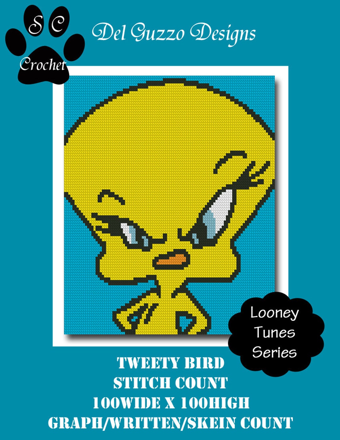 Tweety Bird 100x100 SC Crochet Graph Pattern With Written Row by Row ...