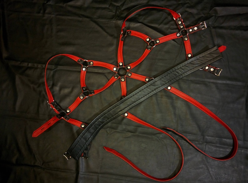 Locking Black Red Leather Female Body Harness Bdsm Fetish Slave Mature Content Bdsm Etsy