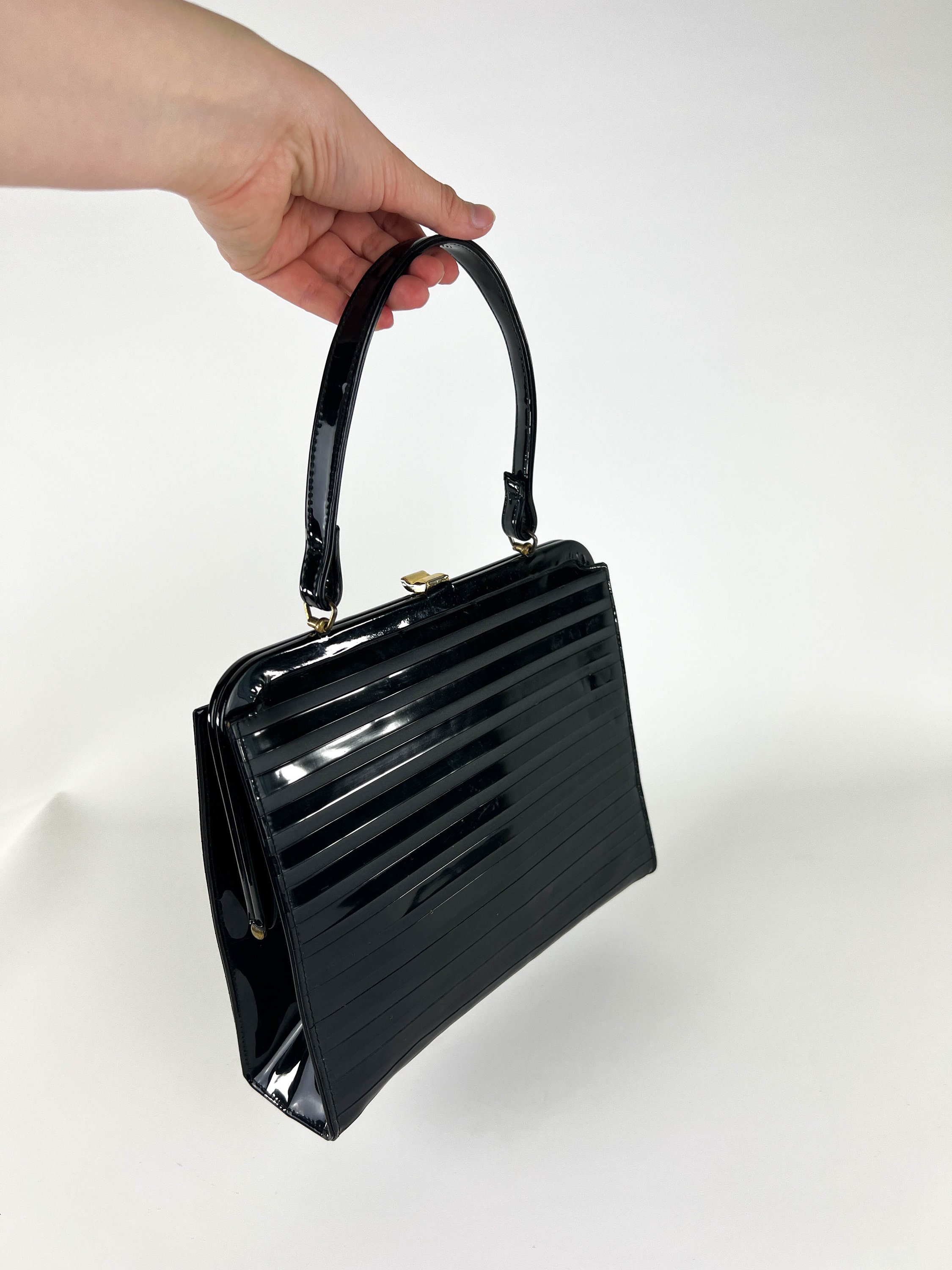 Vintage 1960s MCM Black Patent Handbag, 60s Striped Black PVC Handbag ...