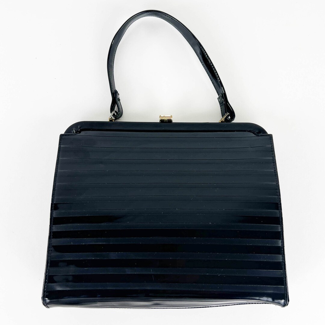 Vintage 1960s MCM Black Patent Handbag, 60s Striped Black PVC Handbag ...