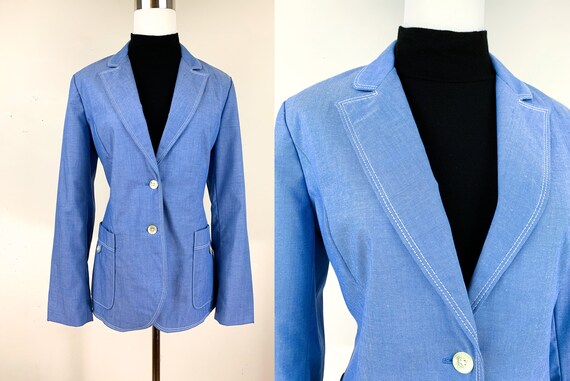 1970s Light Blue Denim Blazer, 70s Joyce Jaguar Colle… - Gem