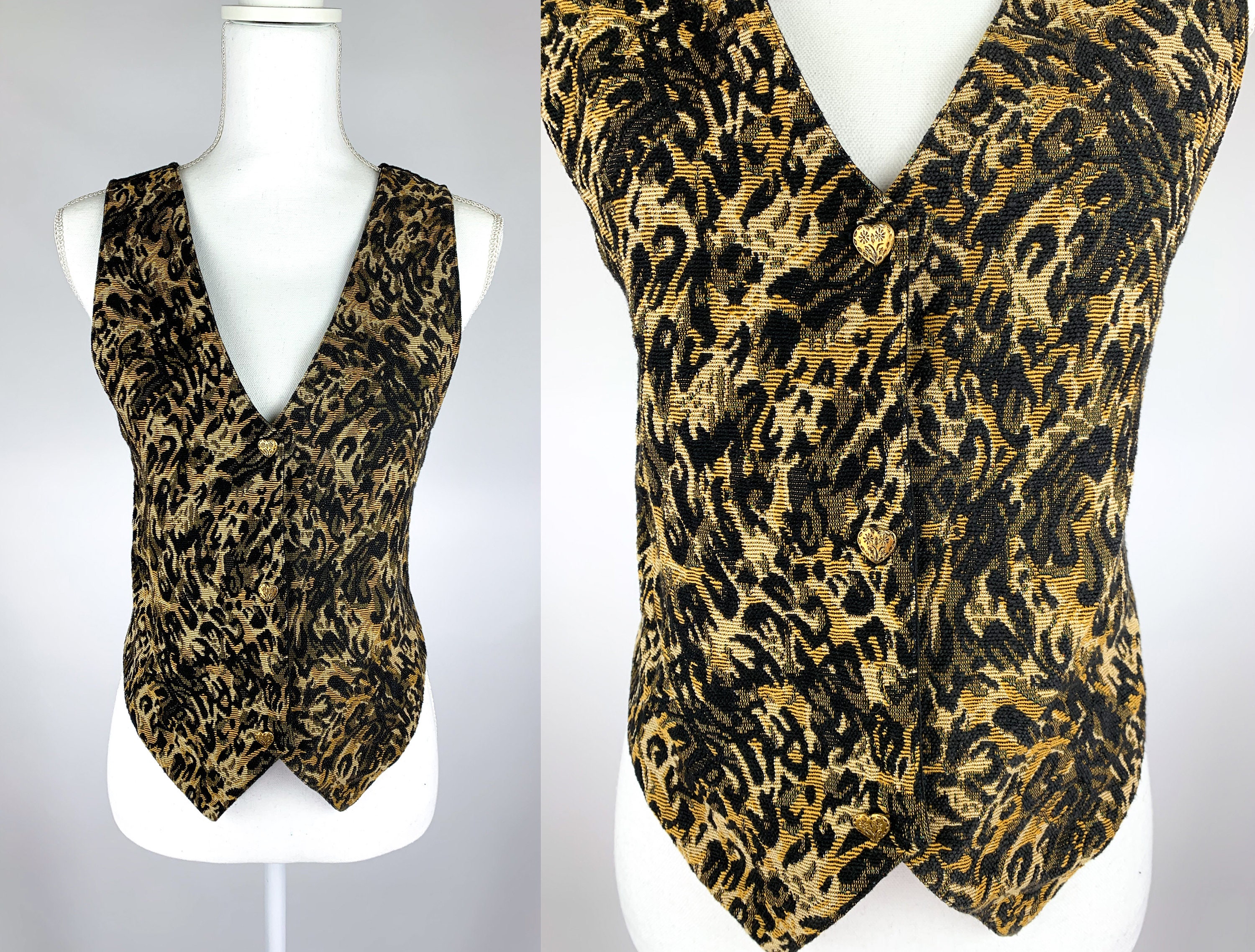 Vintage 90s Leopard Print Tapestry Vest With Heart Shaped Buttons Size ...
