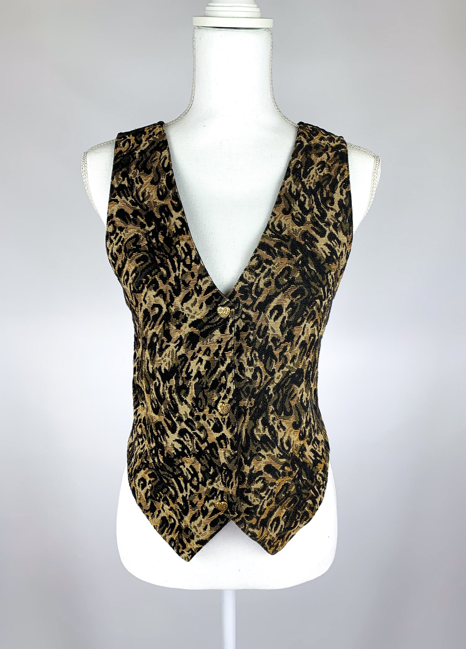 Vintage 90s Leopard Print Tapestry Vest With Heart Shaped Buttons Size ...