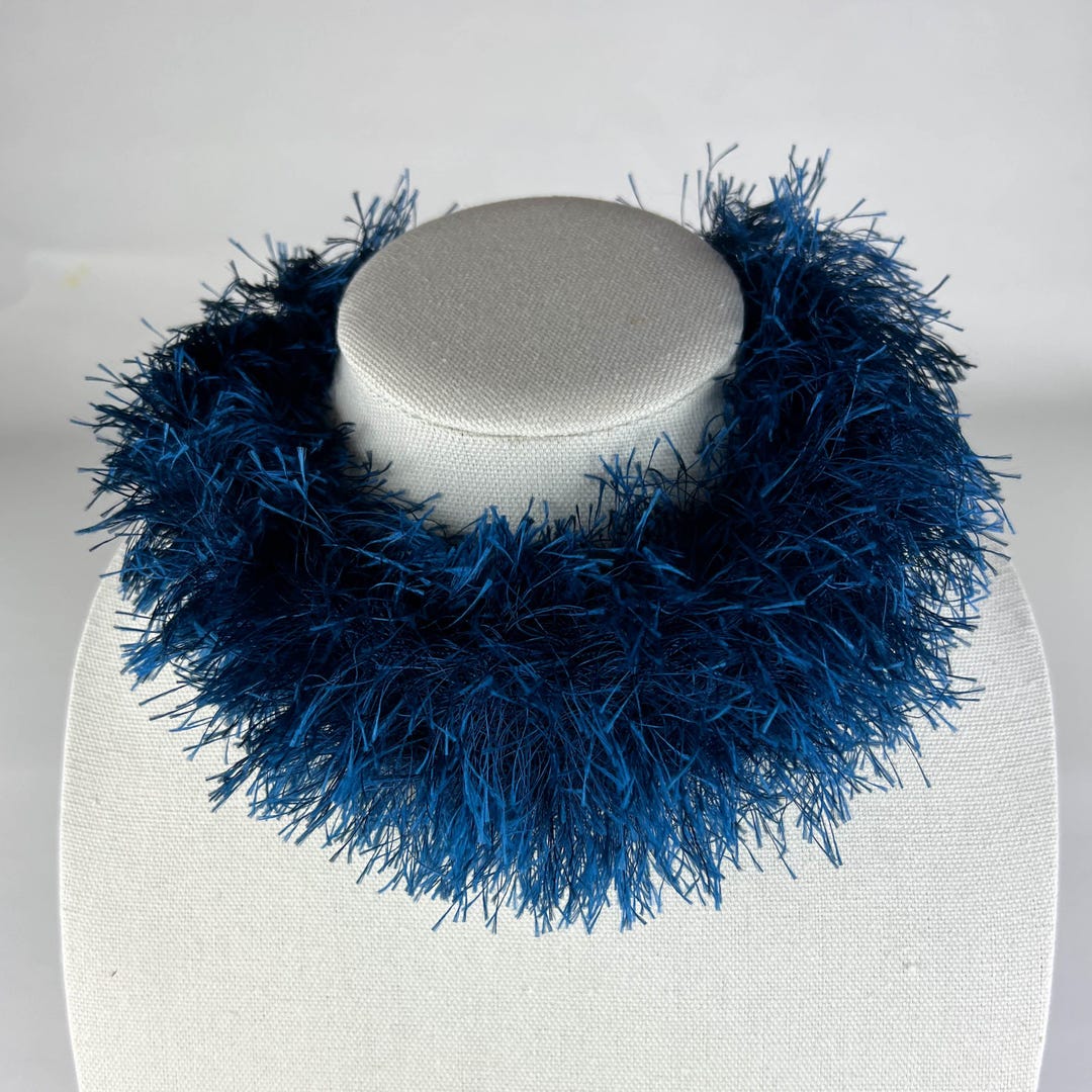Vintage 2000s Chunky Hand Knit Collar Necklace With Blue Fluffy Eyelash ...