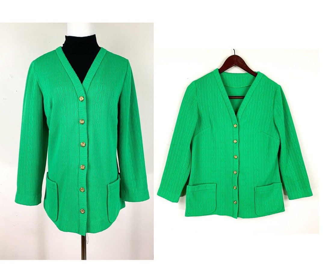 70s Slime Green Cardigan, 70s Homemade Polyester Cardigan With Gold ...