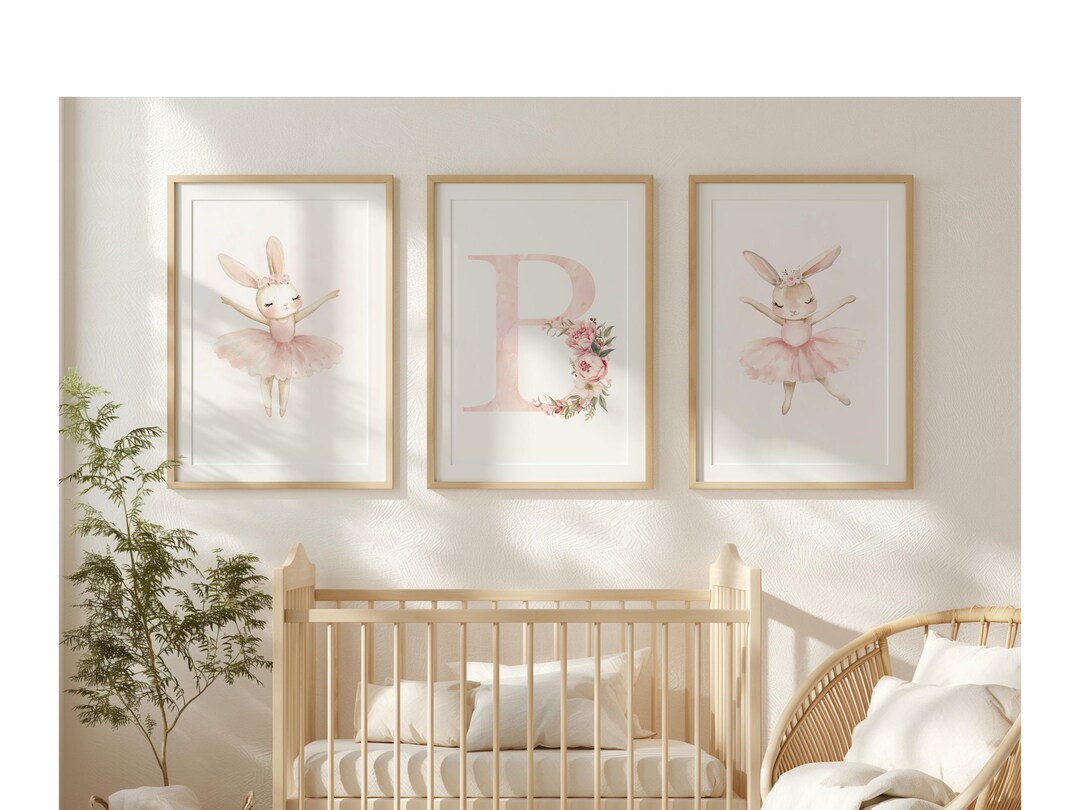 Bunny Ballet Nursery Prints, Flower Initial, Set of Three (digital ...