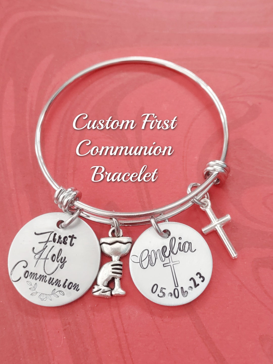 First Communion Bracelet, Hand Stamped Personalized Christian Gift ...