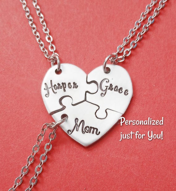 3 Personalized Heart Puzzle Necklace Set Three Piece Heart Puzzle Piece Name Necklaces Hand Stamped BFF Friend Jewelry Mom Big Little Sis