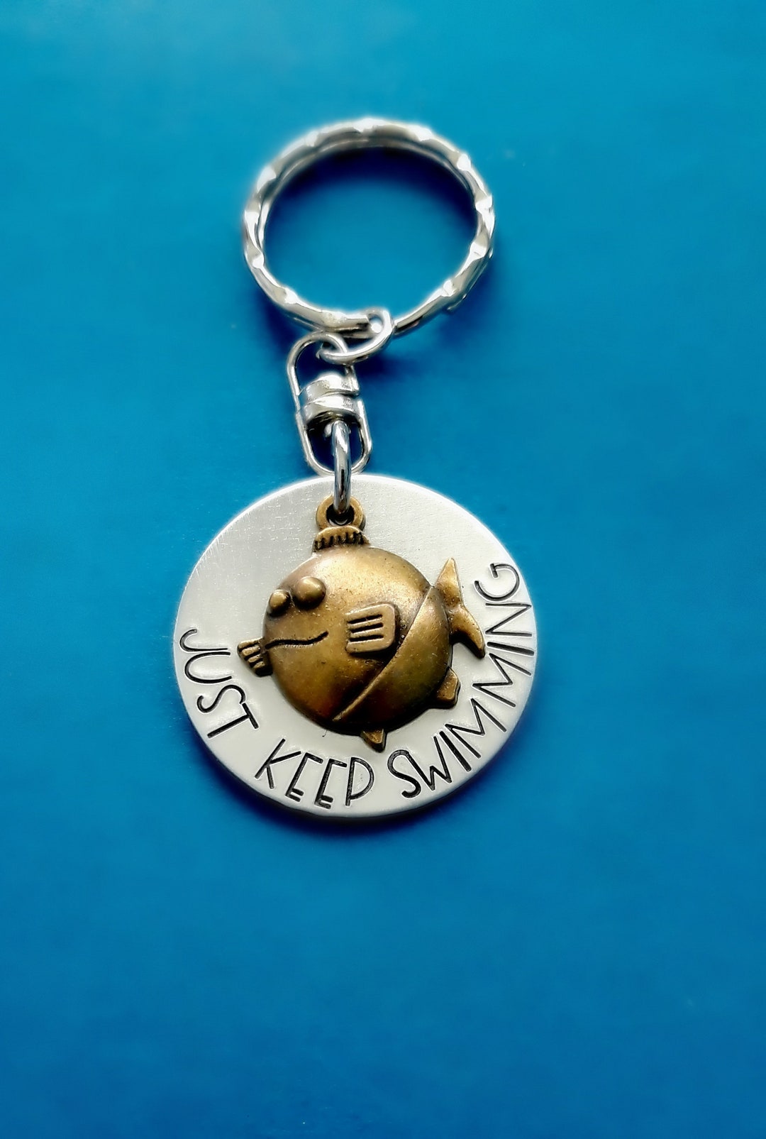 Just Keep Swimming Key Chain, Hand Stamped Custom Made Keychain ...