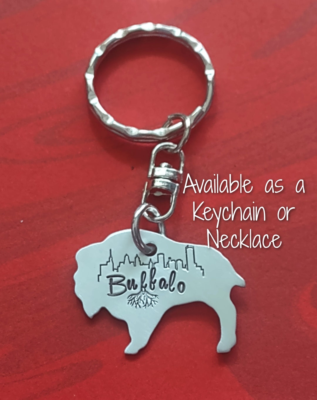 Buffalo New York Skyline Necklace Bison Shaped Keychain, Hand Stamped ...