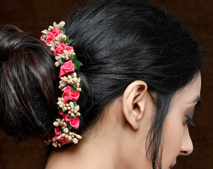 Red and Gold Gajra, Artificial Flower Jewelry, Handmade Veni, Tiara for ...