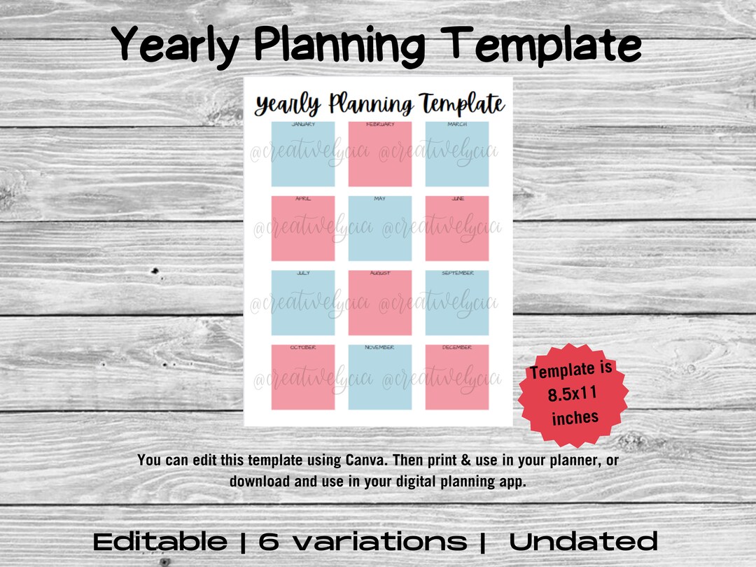 Year at a Glance Calendar Template, Yearly Planner Printable, Planner ...