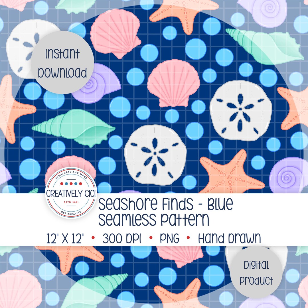 Pastel Seashell Dark Seamless Pattern PNG, Coastal Beach Ocean Blue ...