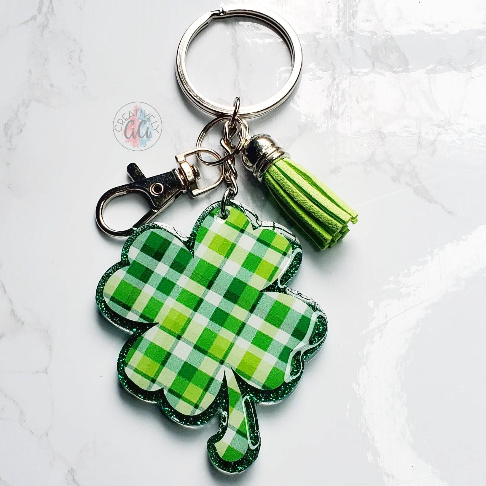 Plaid Shamrock Glitter Keychain, St. Patrick's Day Keyring, Four Leaf ...