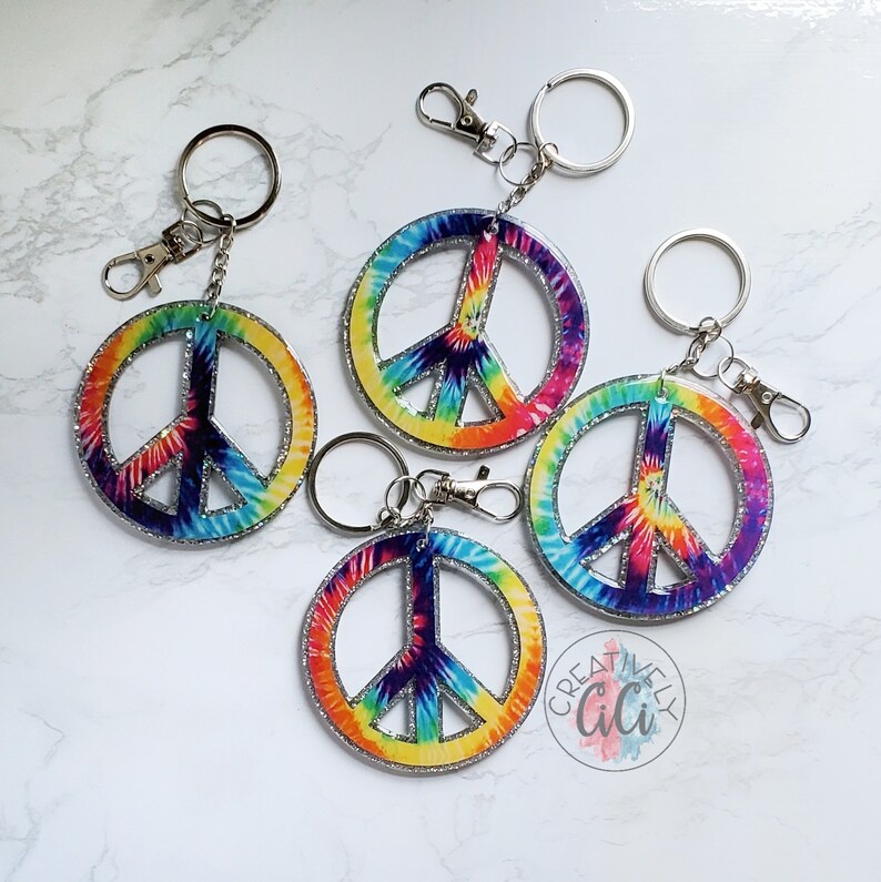 Tie Dye Hippie Peace Sign Keychain, Retro Hobo Rainbow Key Ring ...