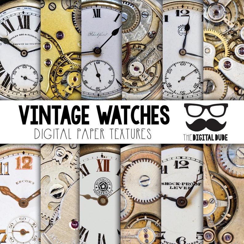 Vintage Watches, Premium Digital Paper, Printable Scrapbook Paper, Set ...