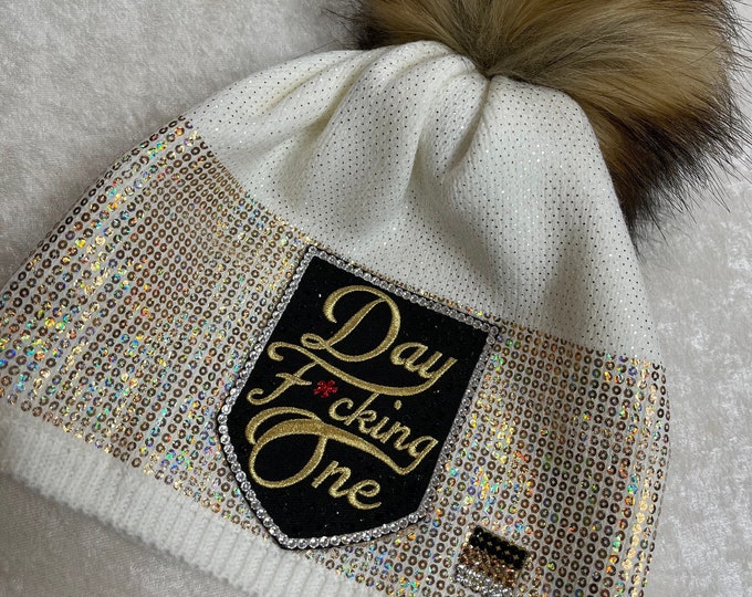Vegas Golden Knights DAY FCKING ONE Ivory Bling Pom Beanie Hand Jeweled ...