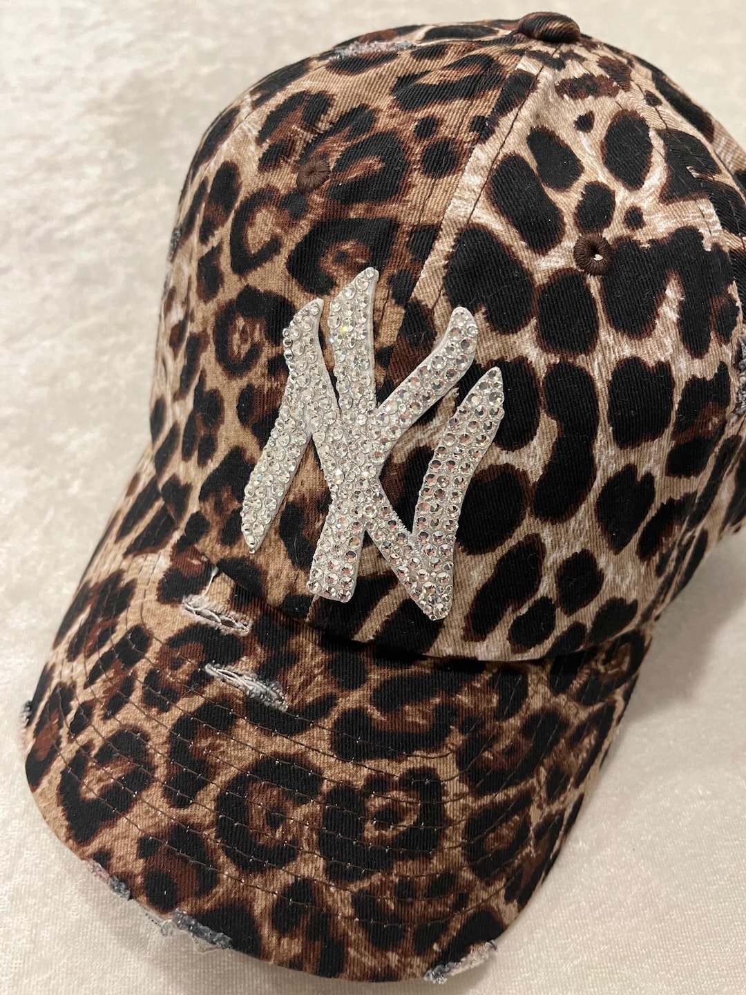 New York Bling Leopard Distressed Hat: Hand-jeweled NY SWAROVSKI ...