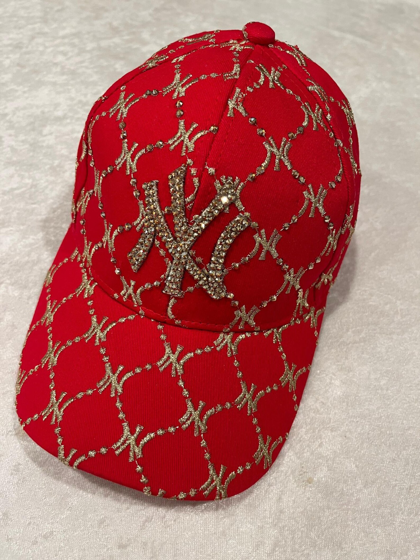 New York NY Red Gold Metallic Bling Hat Hand Jeweled SWAROVSKI Crystal ...