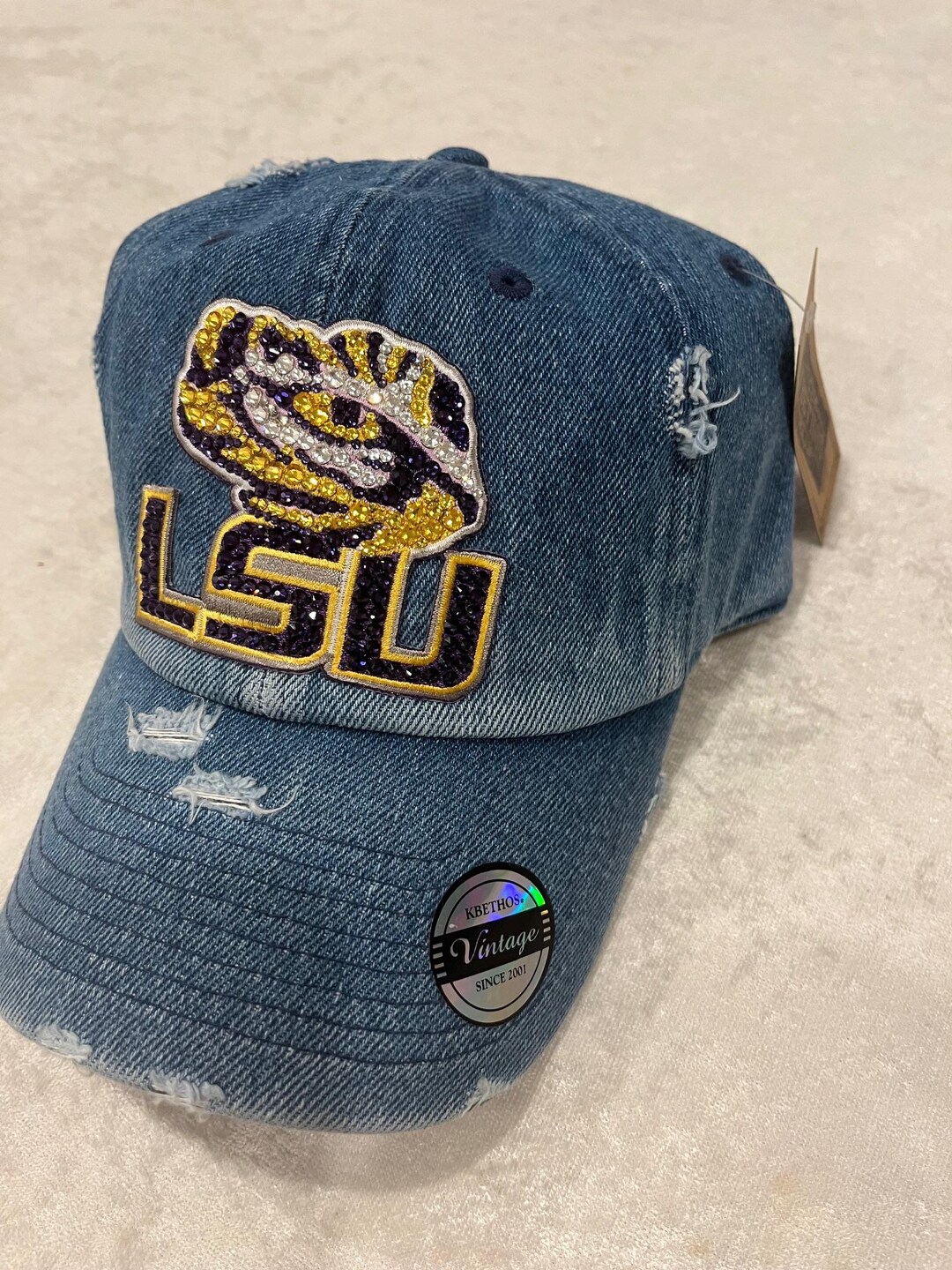 LSU Blue Jean Distressed Bling Hat: Hand-jeweled Logo 400+ Swarovski ...