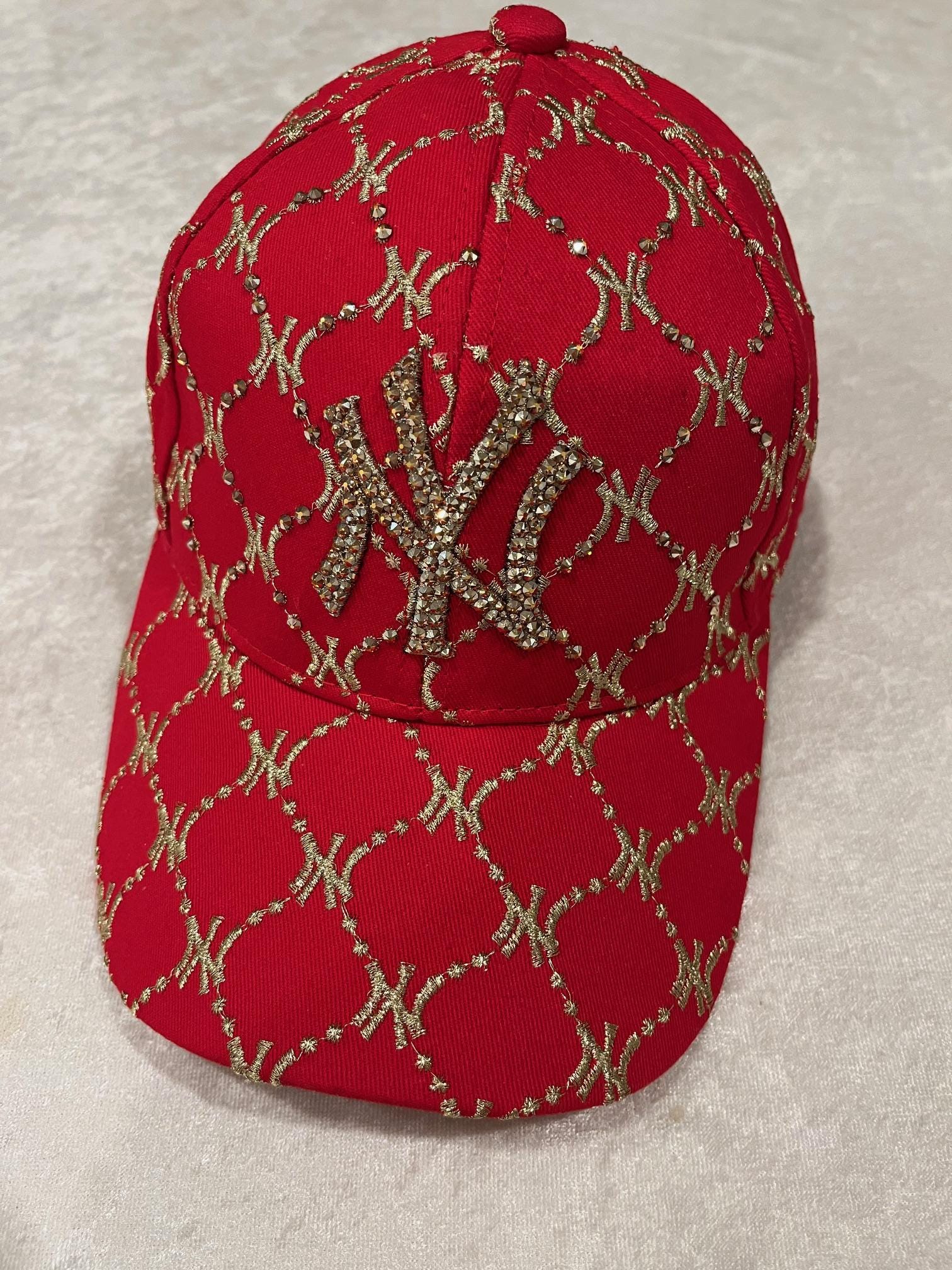 New York NY Red Gold Metallic Bling Hat Hand Jeweled SWAROVSKI Crystal ...