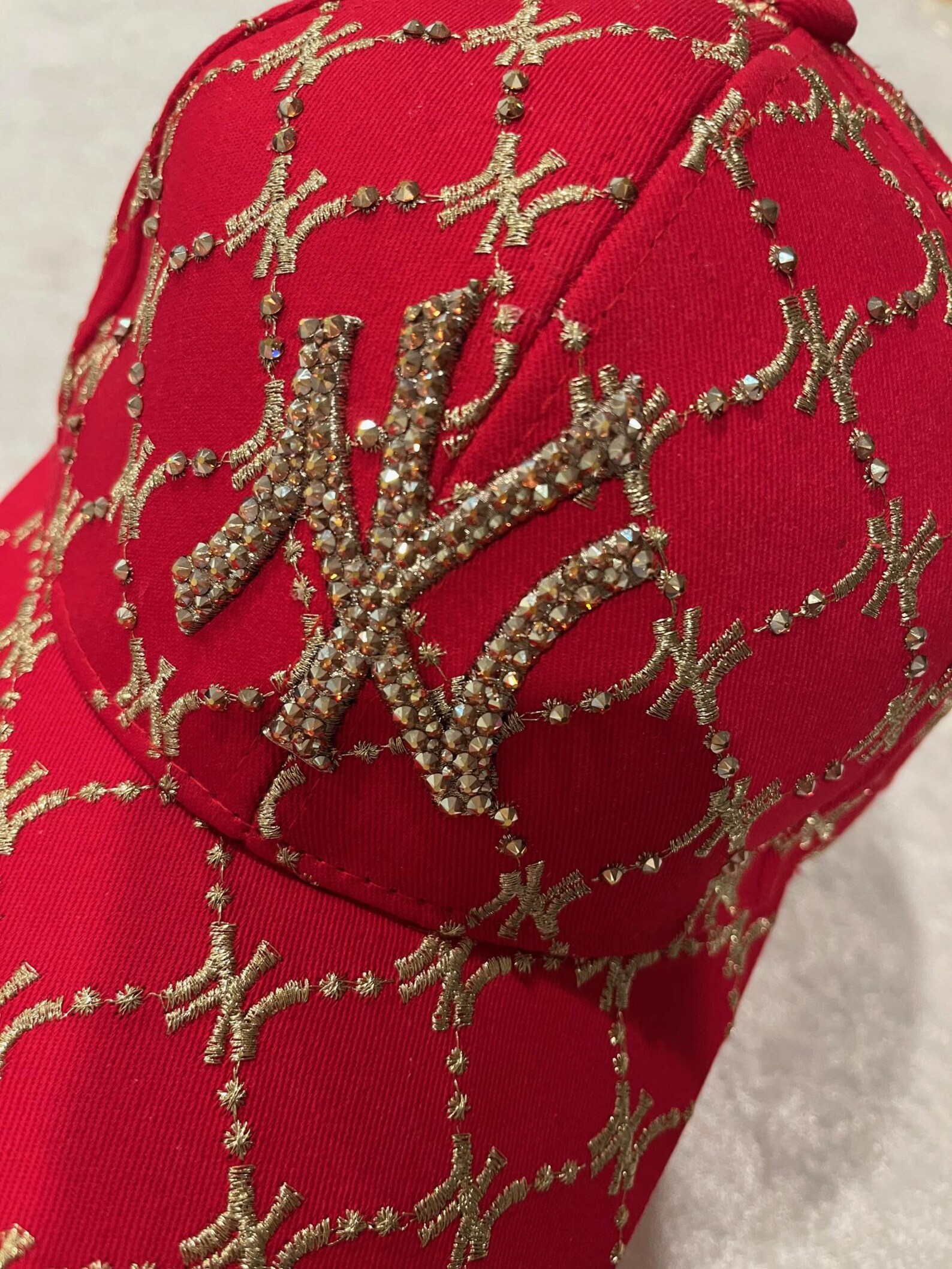 New York NY Red Gold Metallic Bling Hat Hand Jeweled SWAROVSKI Crystal ...