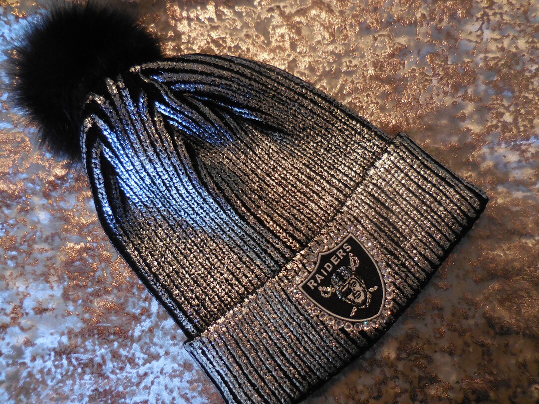 RAIDERS Bling Hat Custom Silver Metallic Pom Pom Beanie Hand Jeweled ...