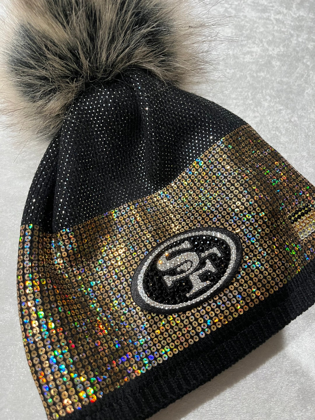 San Francisco SF Black/gold Bling Pom Beanie Hand Jeweled Using Genuine ...