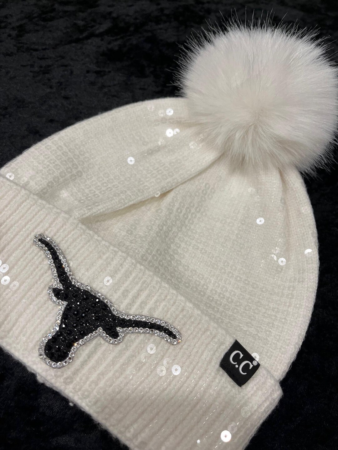 TEXAS White Sequin Bling Pom BEANIE Hand Jeweled With Swarovski ...