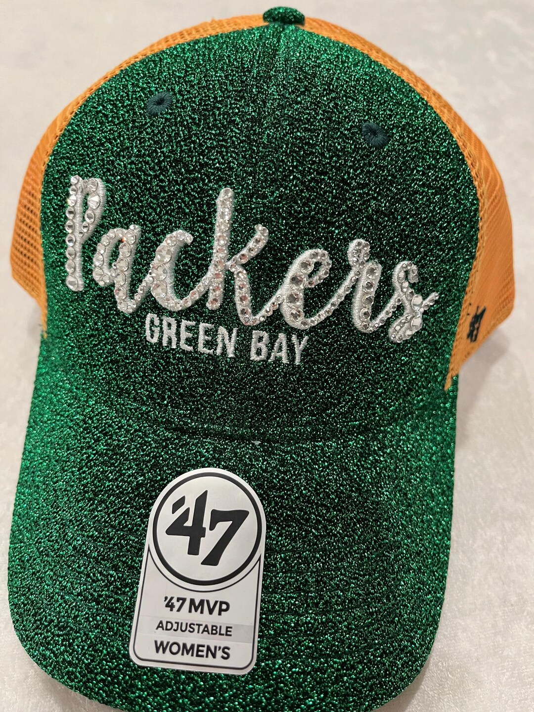Green Bay Packers Bling Script Hat Hand Jeweled Swarovski Crystal Front ...