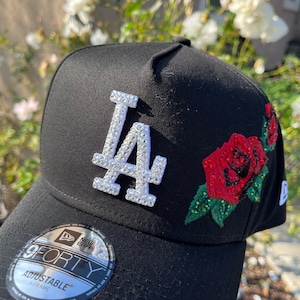 LA Los Angeles Black Bling Red Rose Hat Hand Jeweled With Swarovski ...