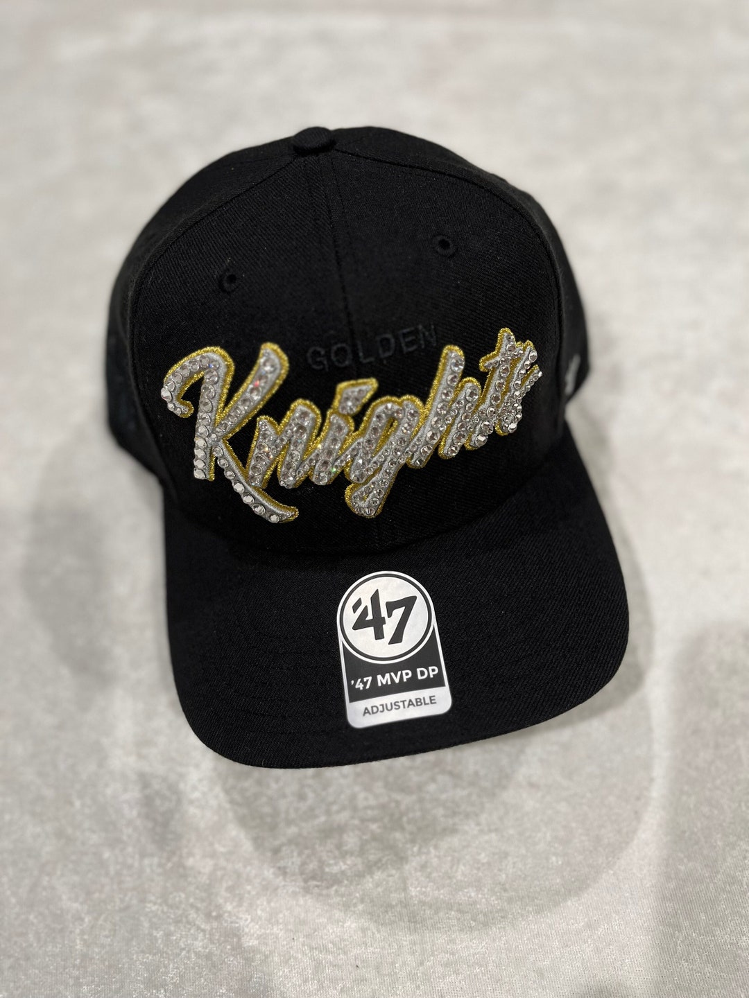 Vegas Golden Knights Black NHL Bling Script Hat Hand Jeweled Front and ...