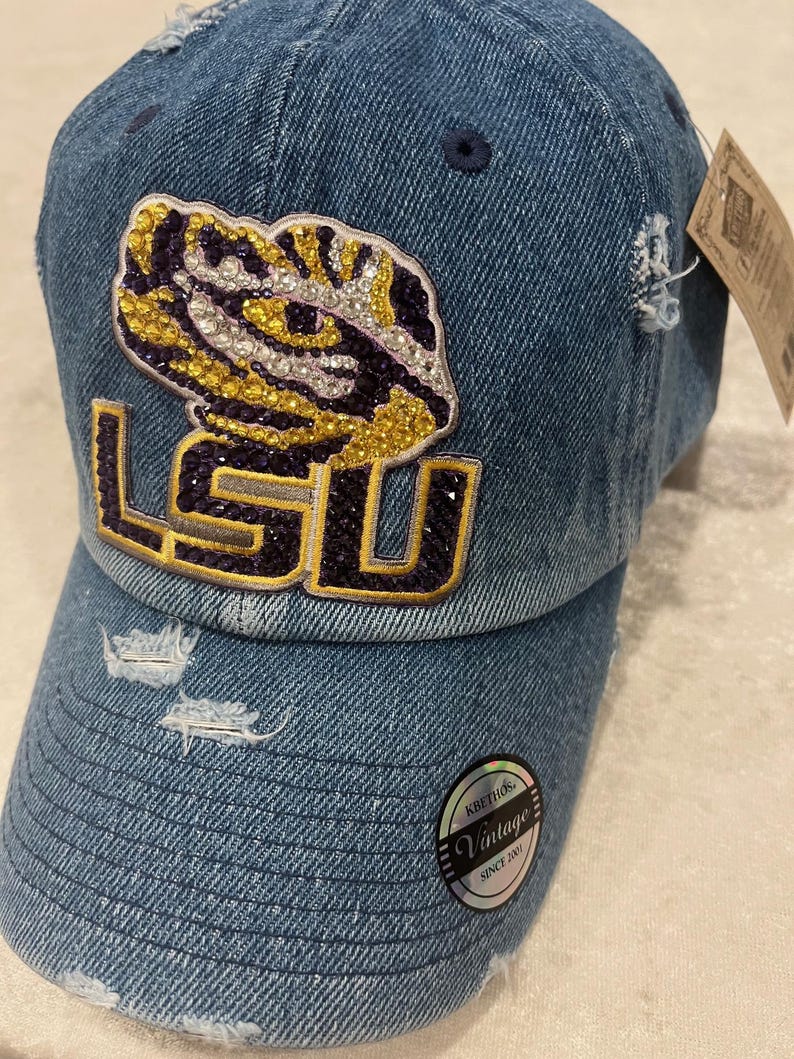 LSU Blue Jean Distressed Bling Hat: Hand-jeweled Logo 400+ Swarovski ...