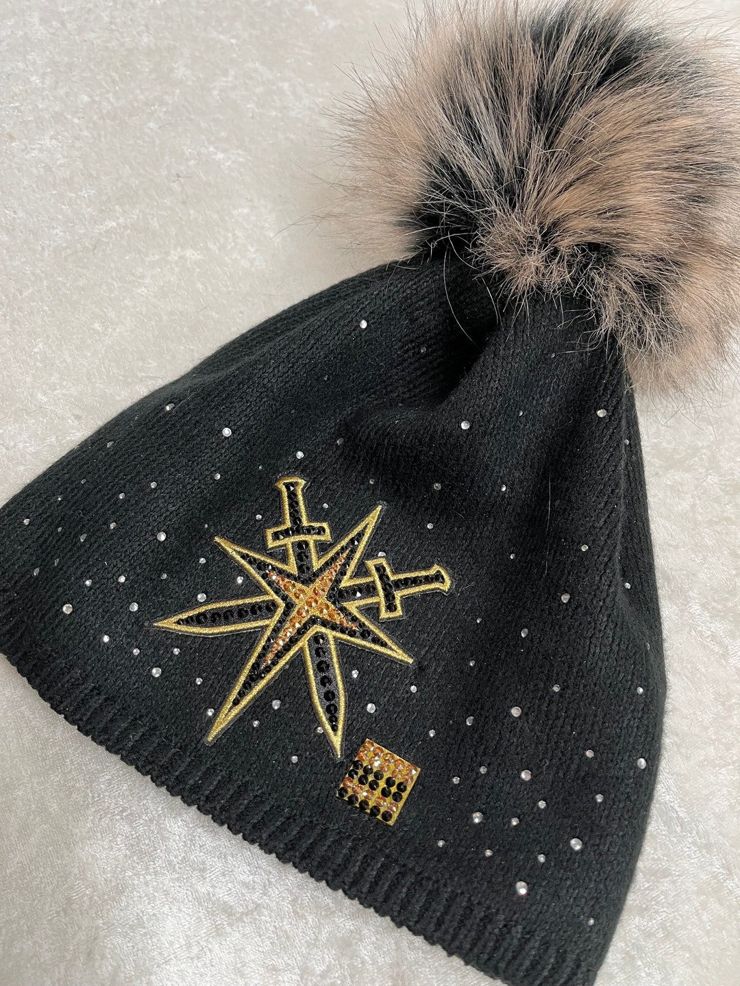 LAS VEGAS VGK Bling Pom Black Beanie Hand Jeweled With Austrian ...