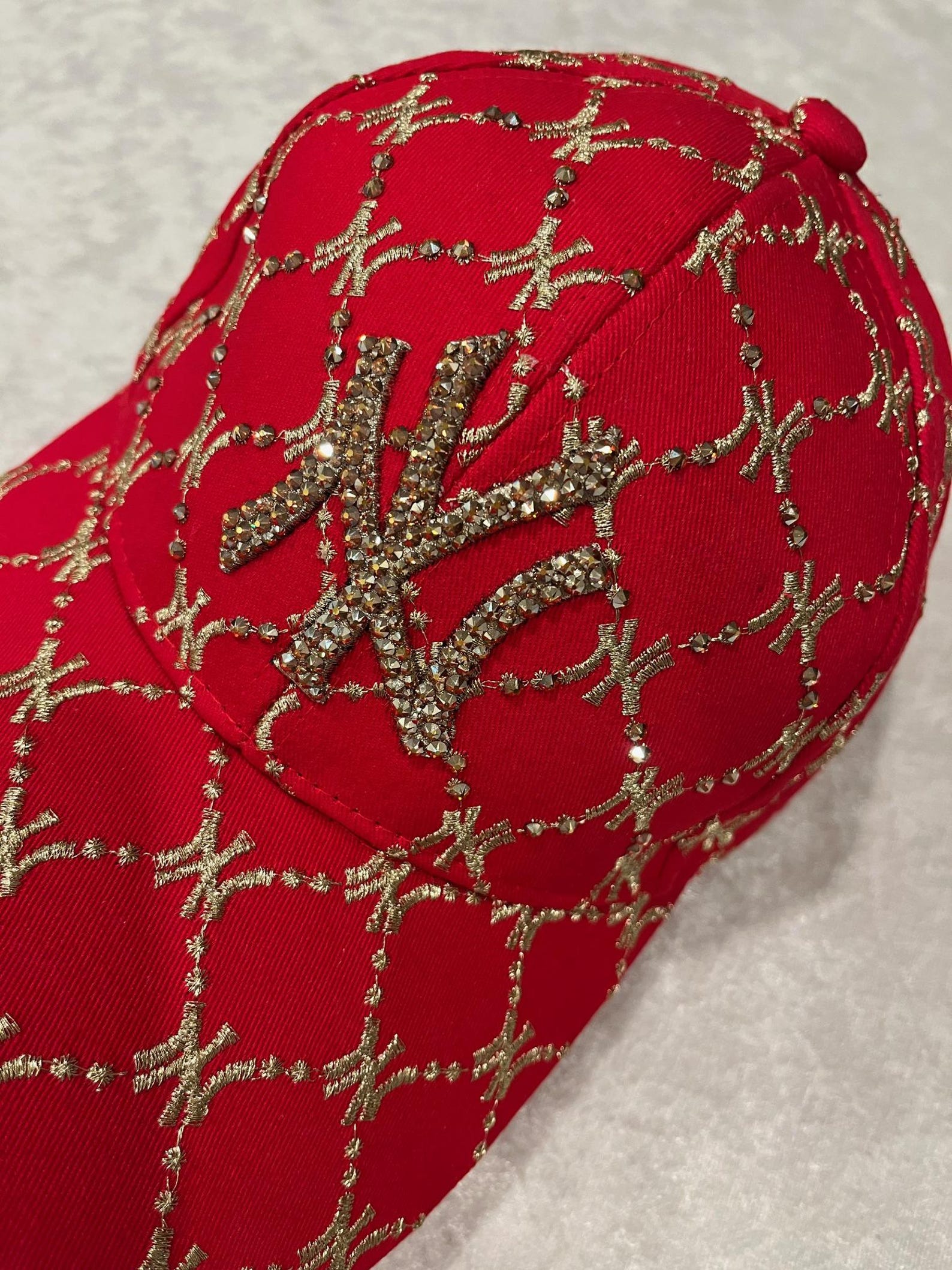 New York NY Red Gold Metallic Bling Hat Hand Jeweled SWAROVSKI Crystal ...