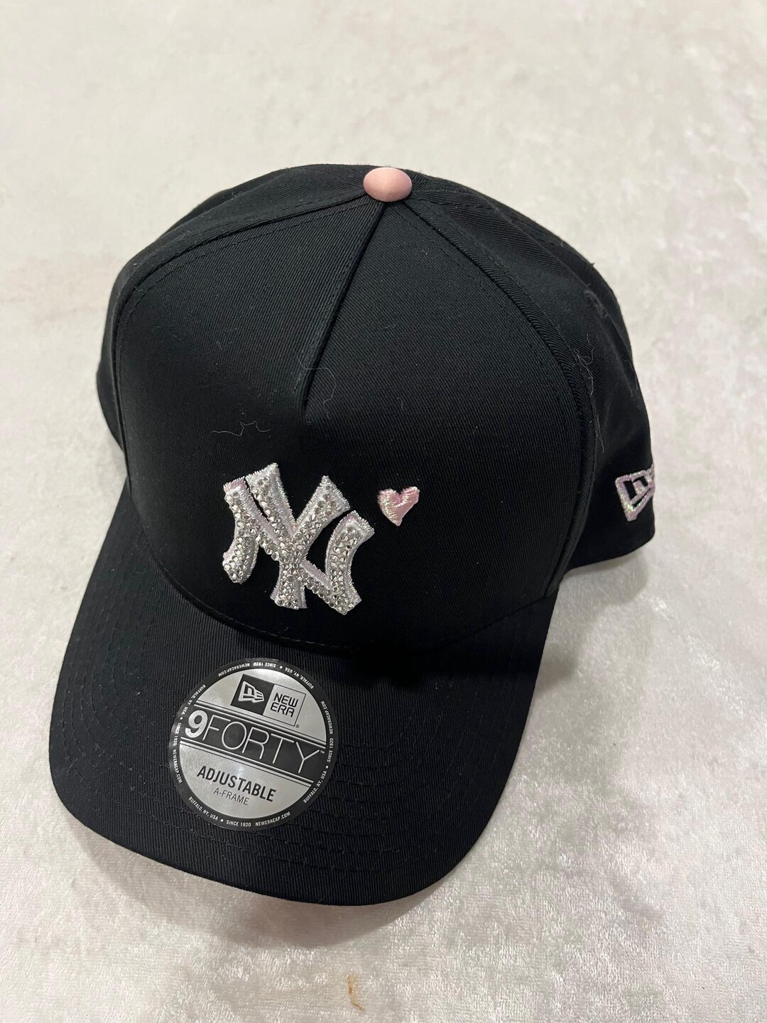 New York NY YANKEES Black Bling Pink Heart Hat Hand Jeweled With ...