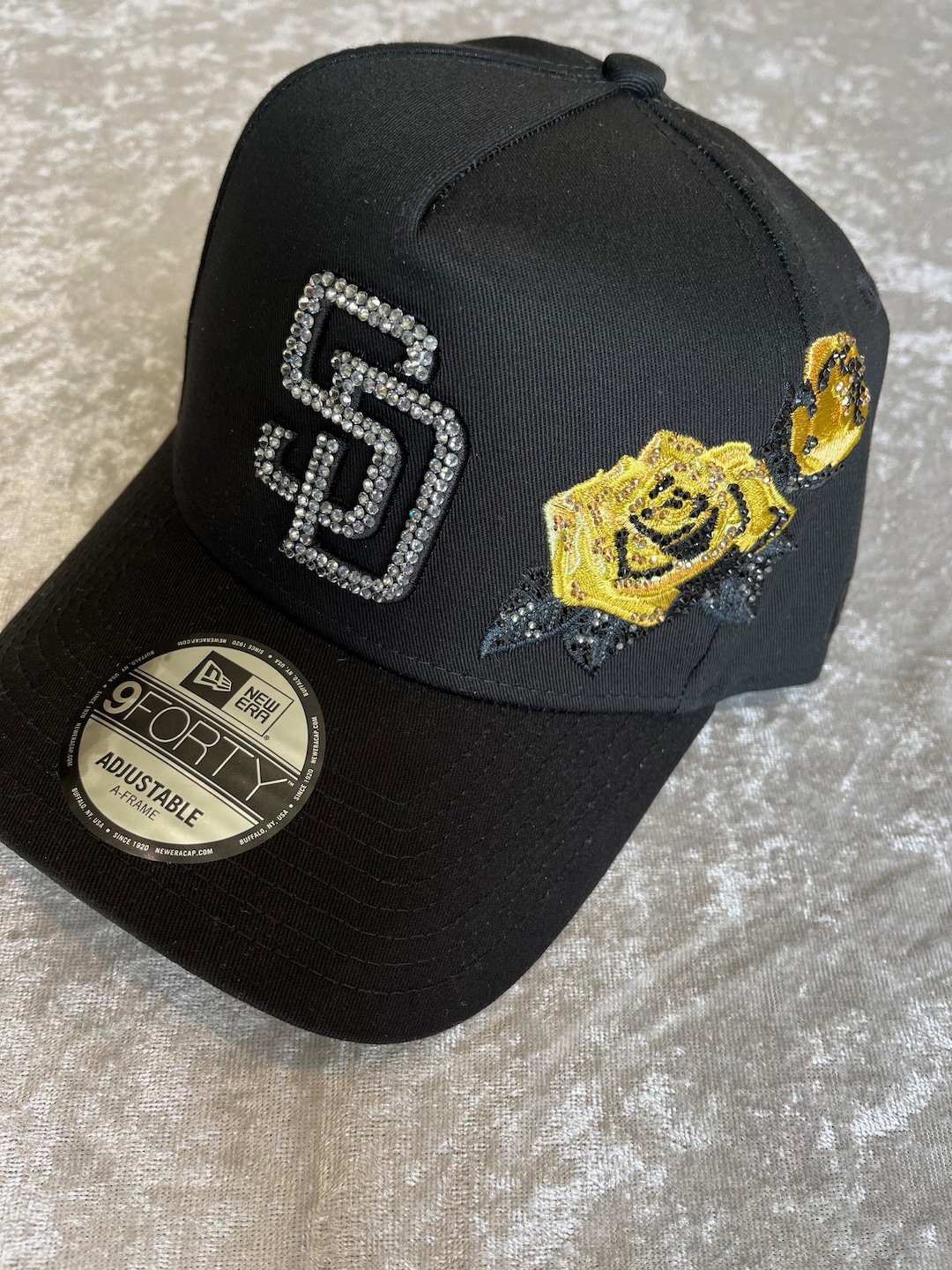 San Diego Padres SD Black Bling Hat Gold Rose Black Diamond Hand Jeweled 400+ Swarovski Crystals ...