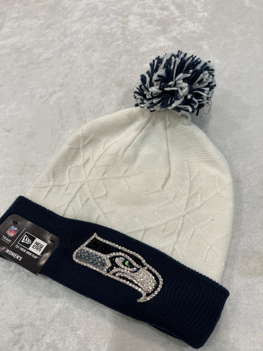SEATTLE SEAHAWKS Ivory/black Rhinestone Bling Pom Beanie: Hand-jeweled ...